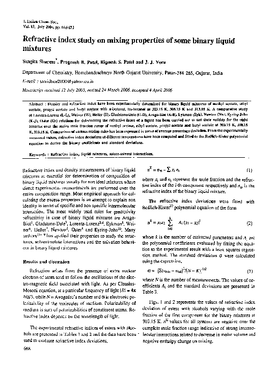 (PDF) Refractive index study on mixing properties of some binary liquid mixtures