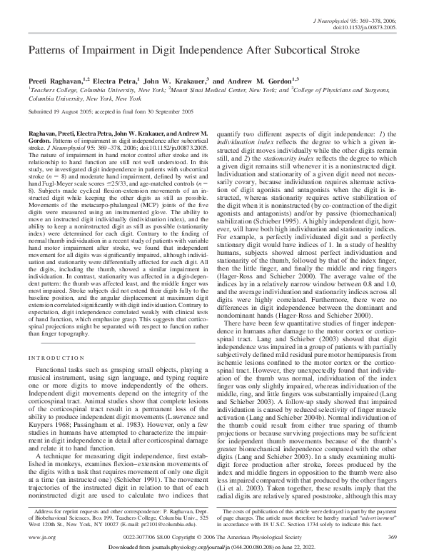 (PDF) Patterns of Impairment in Digit Independence After Subcortical Stroke | Preeti Raghavan ...