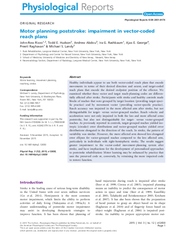 (PDF) Motor planning poststroke: impairment in vector-coded reach plans ...