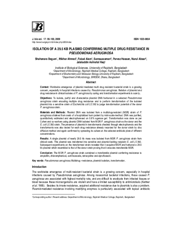 (PDF) Isolation of a 29.5 kb Plasmid conferring Multiple Drug ...