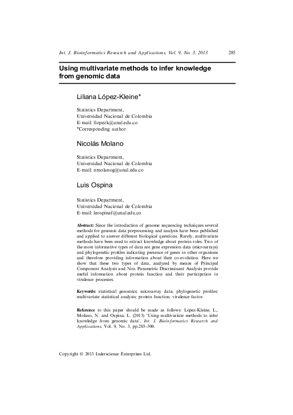 (PDF) Using multivariate methods to infer knowledge from genomic data