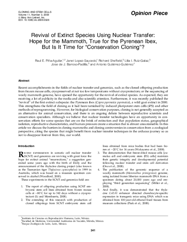 (PDF) Revival of Extinct Species Using Nuclear Transfer: Hope for the ...