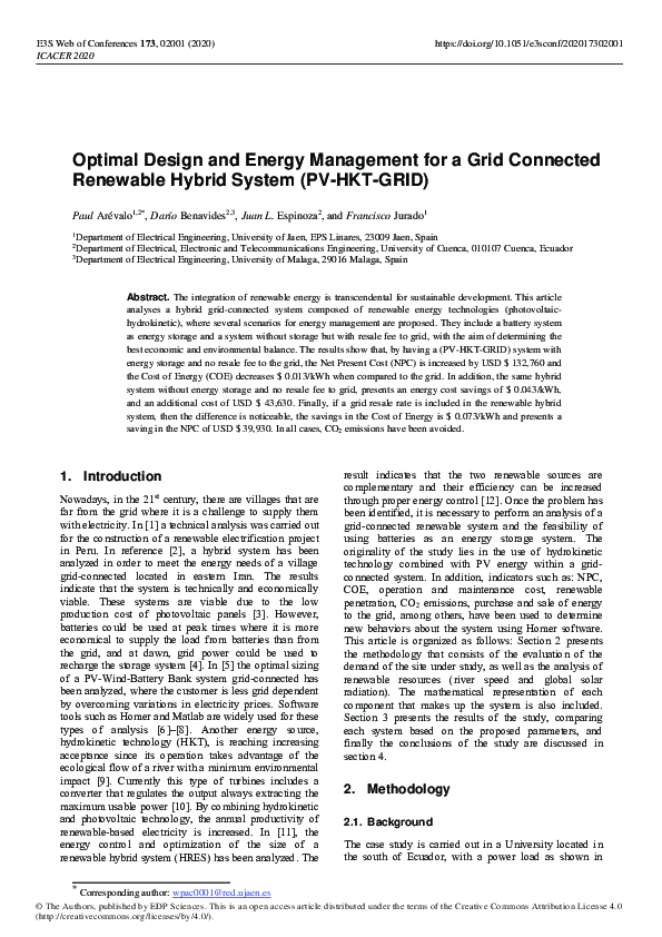 Pdf Optimal Design And Energy Management For A Grid Connected