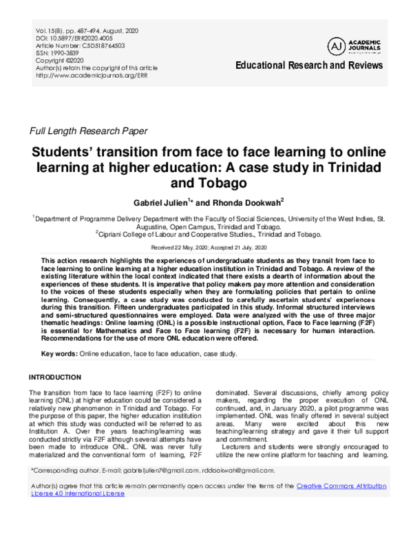 (PDF) Students transition from face to face learning to online learning at higher education: A ...