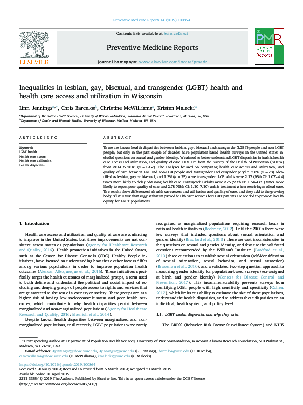 (PDF) Inequalities in lesbian, gay, bisexual, and transgender (LGBT) health and health care ...