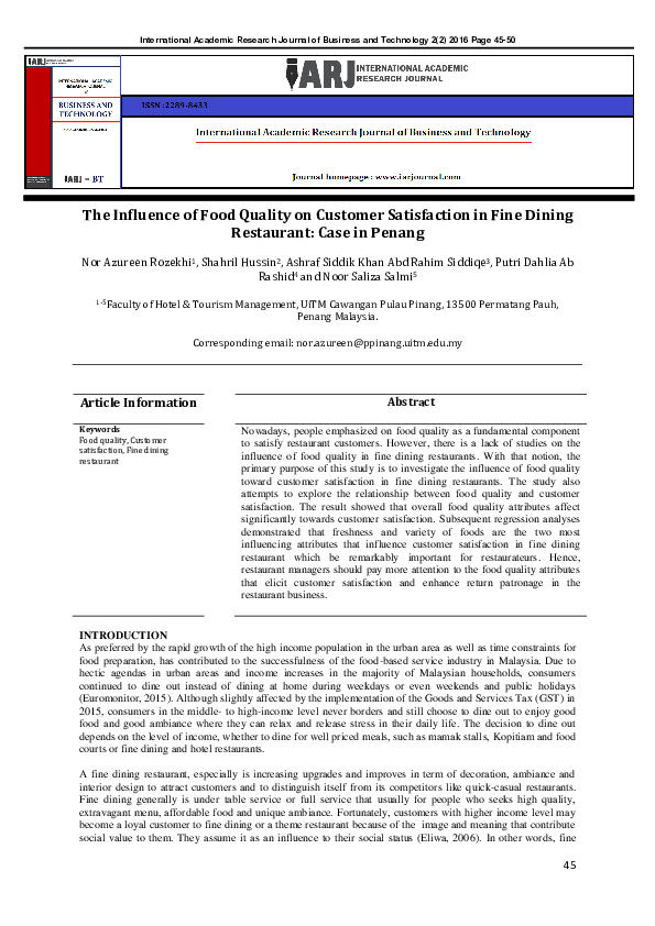 (PDF) The Influence of Food Quality on Customer Satisfaction in Fine ...