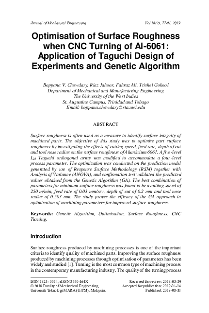 (PDF) Optimisation of Surface Roughness When CNC Turning of Al 6061 Application of Taguchi ...