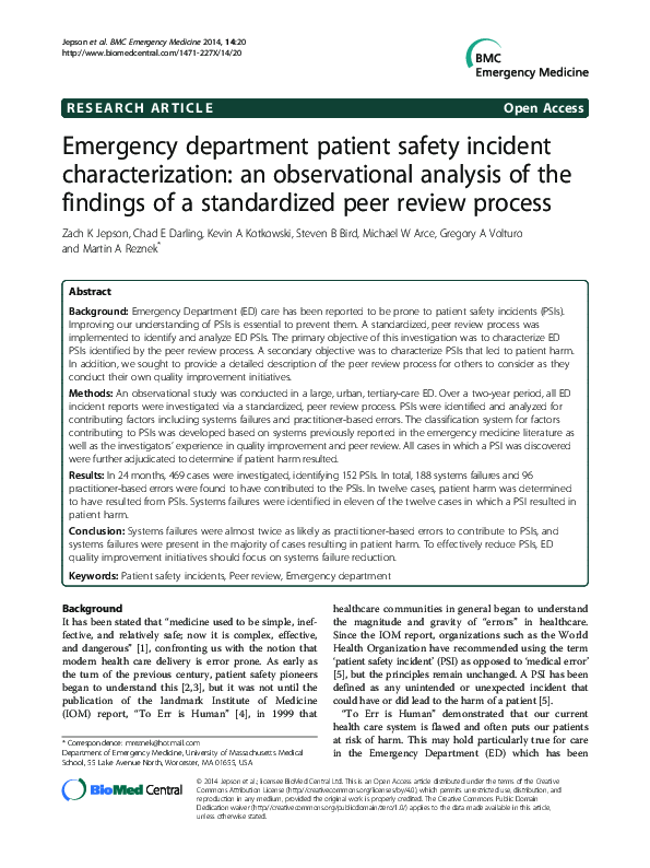 (PDF) Emergency department patient safety incident characterization: an ...