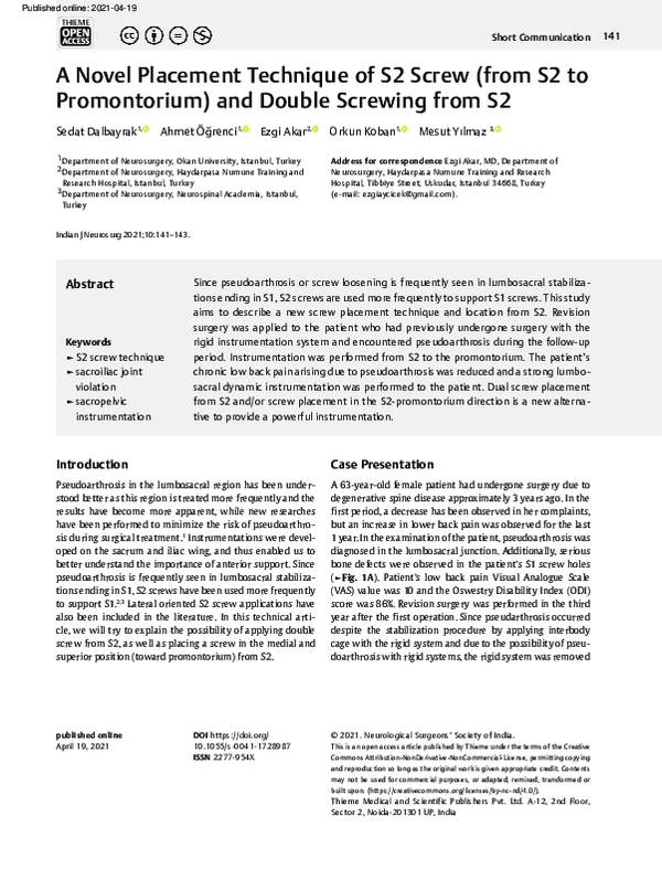 (PDF) A Novel Placement Technique of S2 Screw (from S2 to Promontorium ...