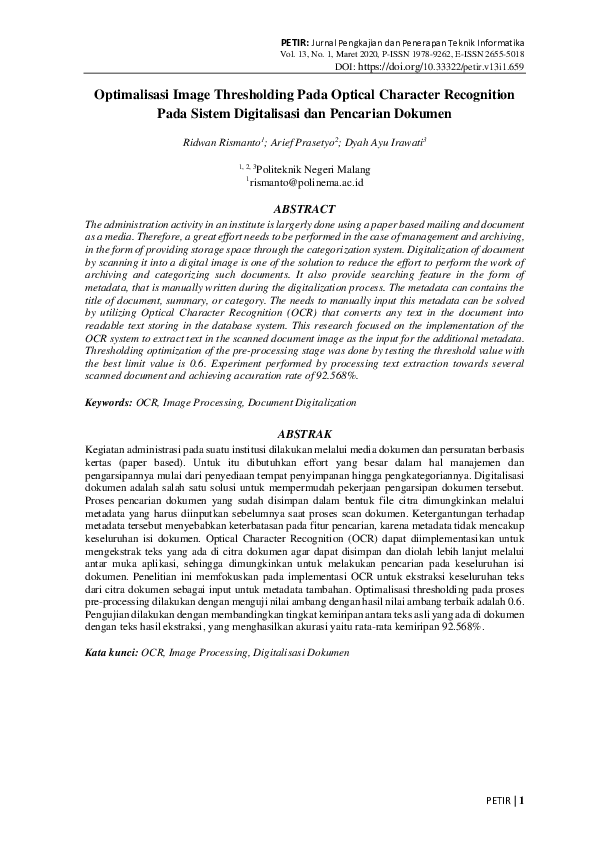 (PDF) Optimalisasi Image Thresholding pada Optical Character Recognition Pada Sistem ...