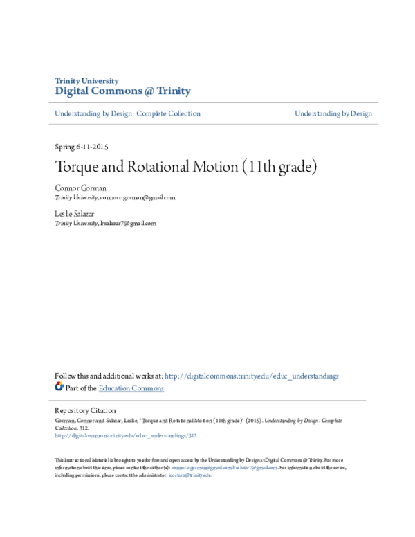 (PDF) Torque and Rotational Motion (11th grade)