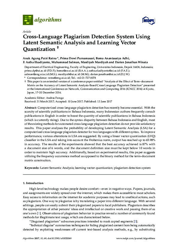 Pdf Cross Language Plagiarism Detection System Using Latent Semantic Analysis And Learning