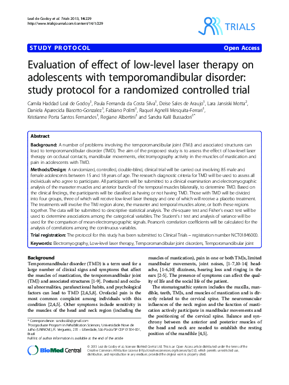 (PDF) Evaluation of effect of low-level laser therapy on adolescents with temporomandibular ...
