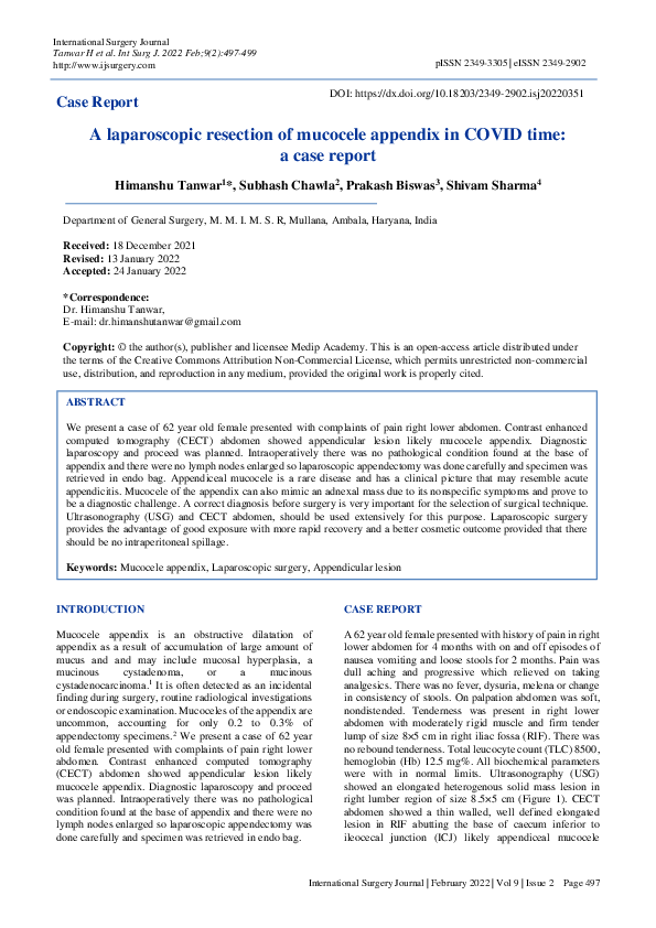 (PDF) A laparoscopic resection of mucocele appendix in COVID time:a ...
