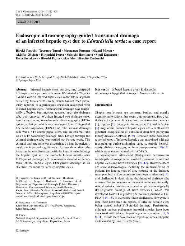 Pdf Endoscopic Ultrasonography Guided Transmural Drainage Of An Infected Hepatic Cyst Due To
