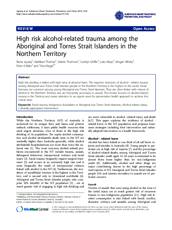 (PDF) High risk alcohol-related trauma among the Aboriginal and Torres ...