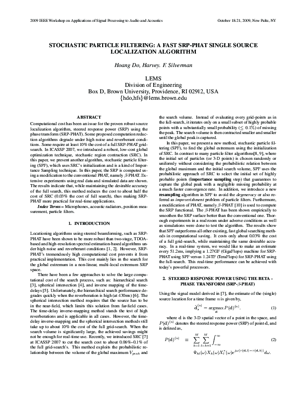 Pdf Stochastic Particle Filtering A Fast Srp Phat Single Source Localization Algorithm
