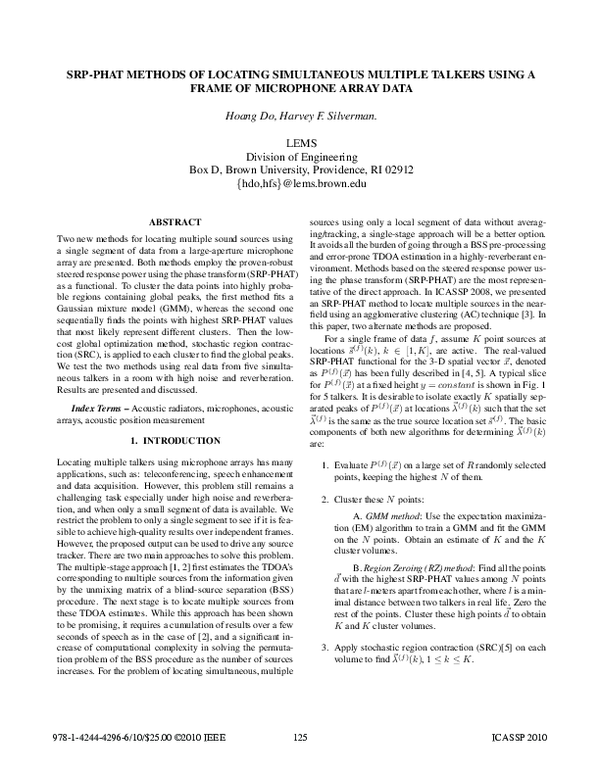 Pdf Srp Phat Methods Of Locating Simultaneous Multiple Talkers Using A Frame Of Microphone