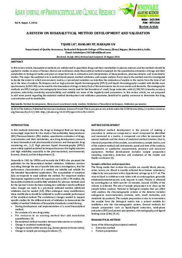 Pdf A Review On Bioanalytical Method Development And Validation