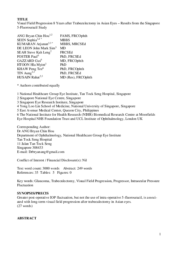 (PDF) Visual field progression 8 years after trabeculectomy in Asian ...