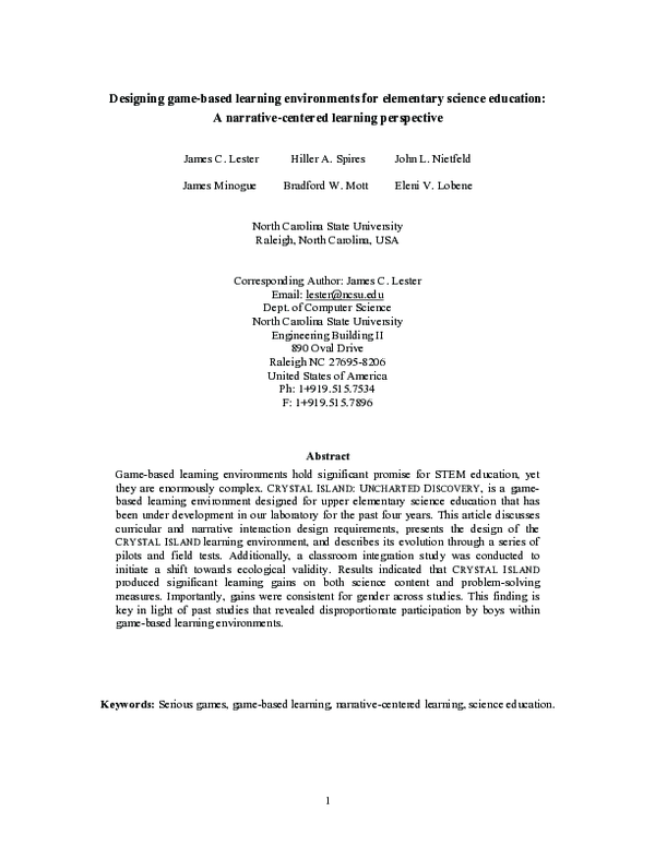 Pdf Designing Game Based Learning Environments For Elementary Science