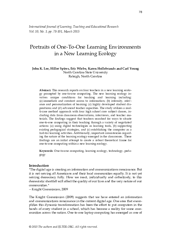 (PDF) Portraits Of One-To-One Learning Environments In A New Learning Ecology | Hiller Spires ...