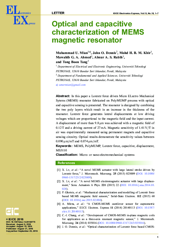 (PDF) Optical and capacitive characterization of MEMS magnetic resonator
