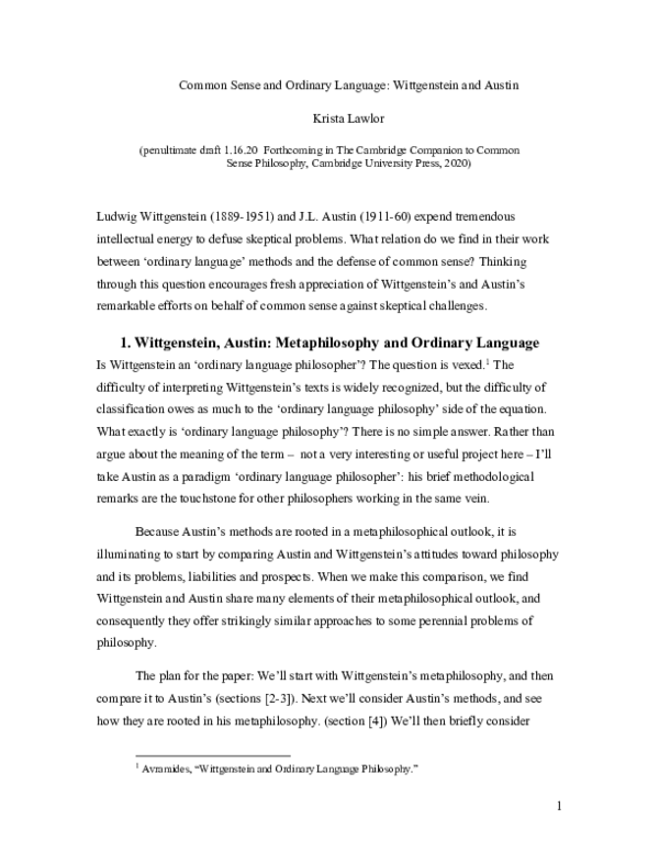 (PDF) Common Sense and Ordinary Language: Wittgenstein and Austin