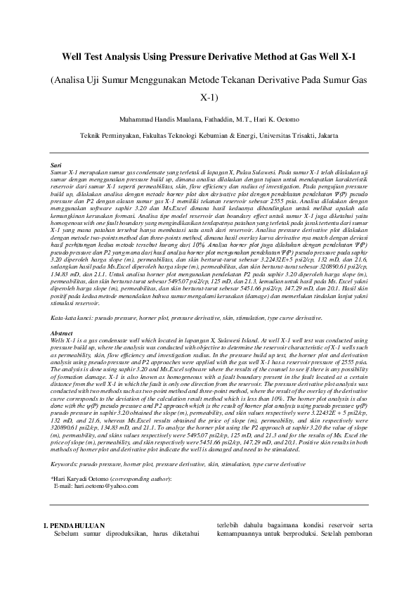 (PDF) Well Test Analysis Using Pressure Derivative Method at Gas Well X-1