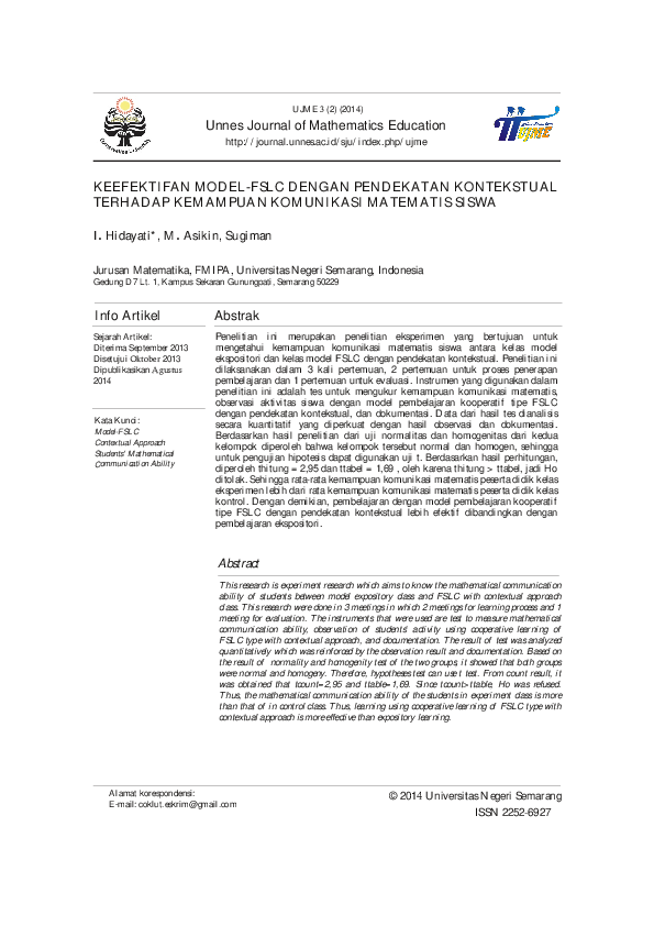 (PDF) Keefektifan Model FSLC Dengan Pendekatan Kontekstual Terhadap Komuikasi Matematis Siswa