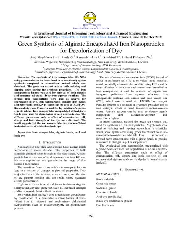 (PDF) Green Synthesis of Alginate Encapsulated Iron Nanoparticles for Decolorization of Dye