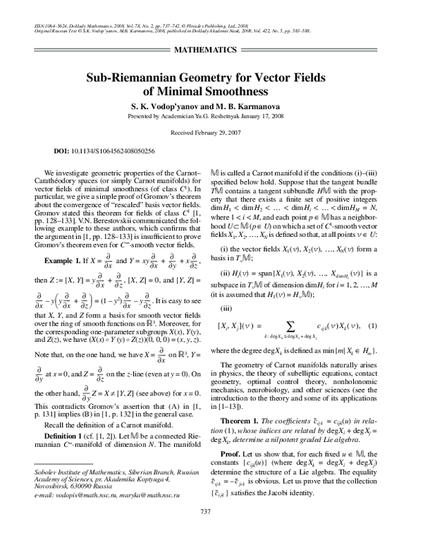 (PDF) Sub-Riemannian geometry for vector fields of minimal smoothness | Maria Karmanova ...