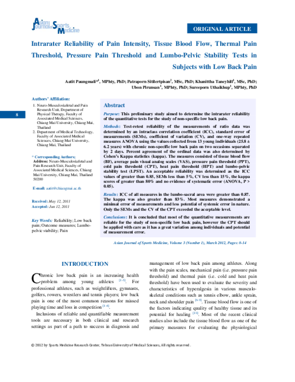 (PDF) Intrarater Reliability of Pain Intensity, Tissue Blood Flow ...