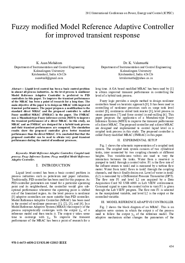 Pdf Fuzzy Modified Model Reference Adaptive Controller For Improved Transient Response