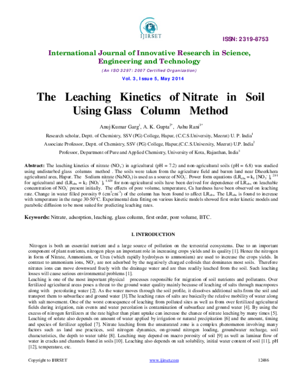 (PDF) The Leaching Kinetics of Nitrate in SoilUsing Glass Column Method