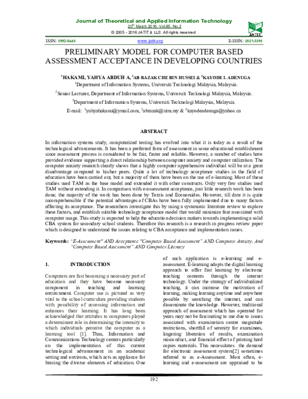 Pdf Preliminary Model For Computer Based Assessment Acceptance In