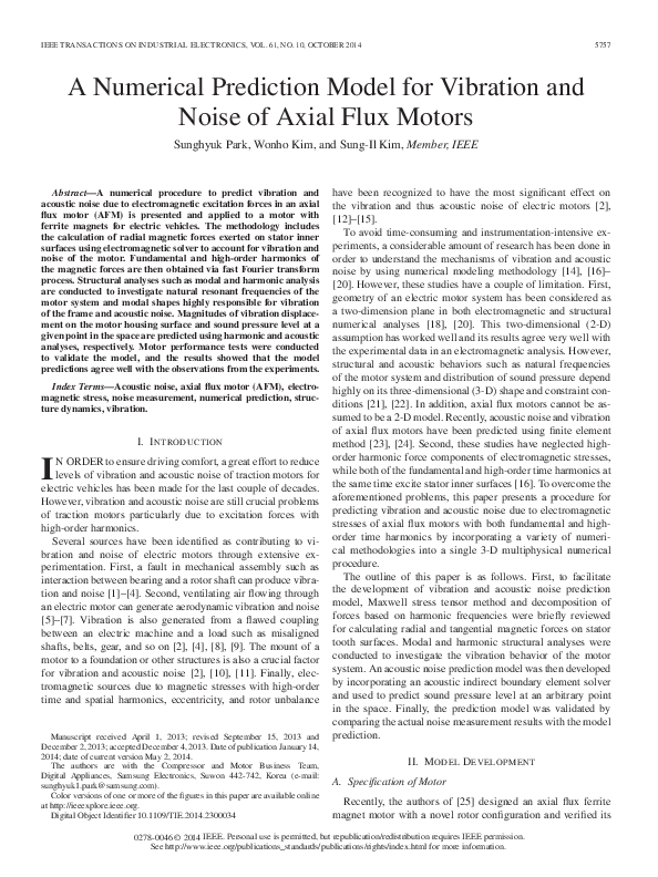 Pdf A Numerical Prediction Model For Vibration And Noise Of Axial Flux Motors