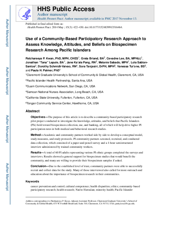 (PDF) Use of a Community-Based Participatory Research Approach to Assess Knowledge, Attitudes ...