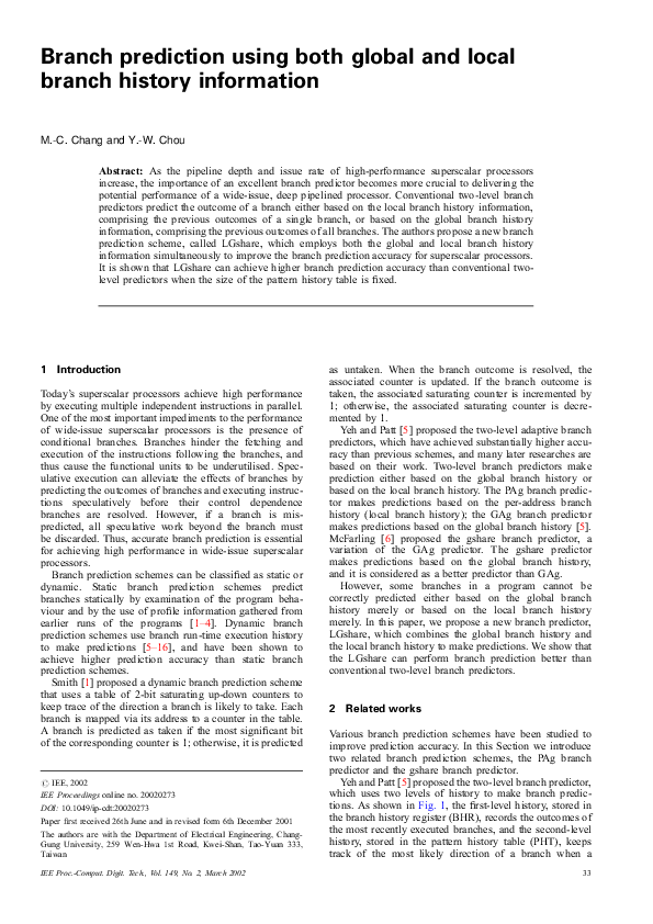 (PDF) Branch prediction using both global and local branch history information