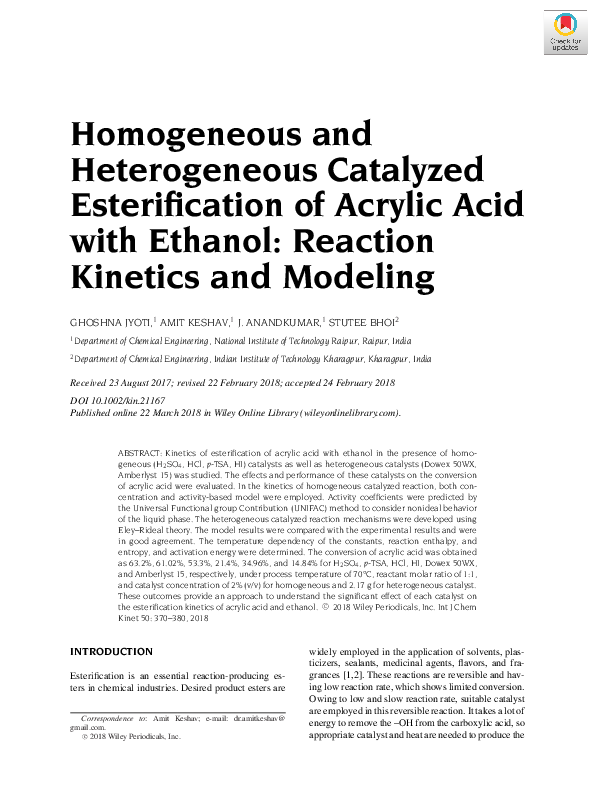 (PDF) Homogeneous and Heterogeneous Catalyzed Esterification of Acrylic Acid with Ethanol ...