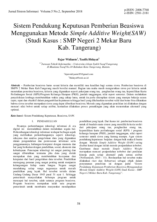 (PDF) Sistem Pendukung Keputusan Pemberian Beasiswa Menggunakan Metode Simple Additive Weight ...