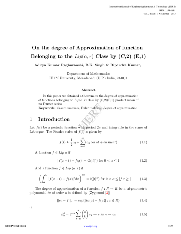 (PDF) On Degree of Approximation of Function Belonging to The Lipschitz Class by Almost (E, 1)(C ...