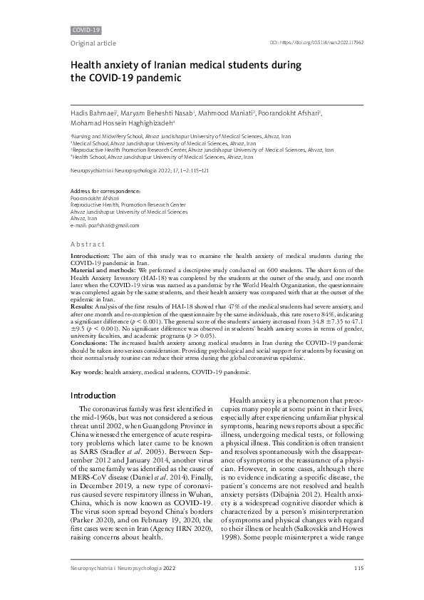 (PDF) Health anxiety of Iranian medical students during the COVID-19 ...