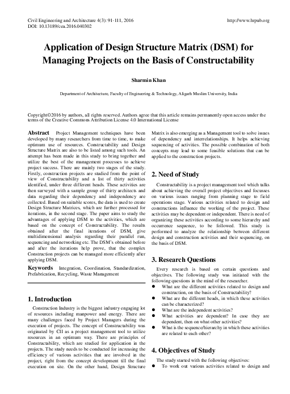 (PDF) Application of Design Structure Matrix (DSM) for Managing ...
