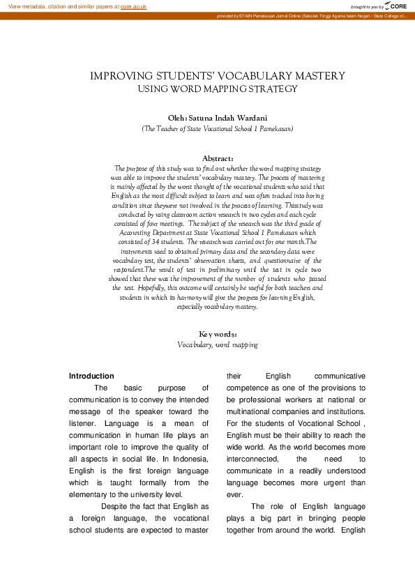 (PDF) Improving Student Vocabulary Mastery Using Word Mapping Strategy