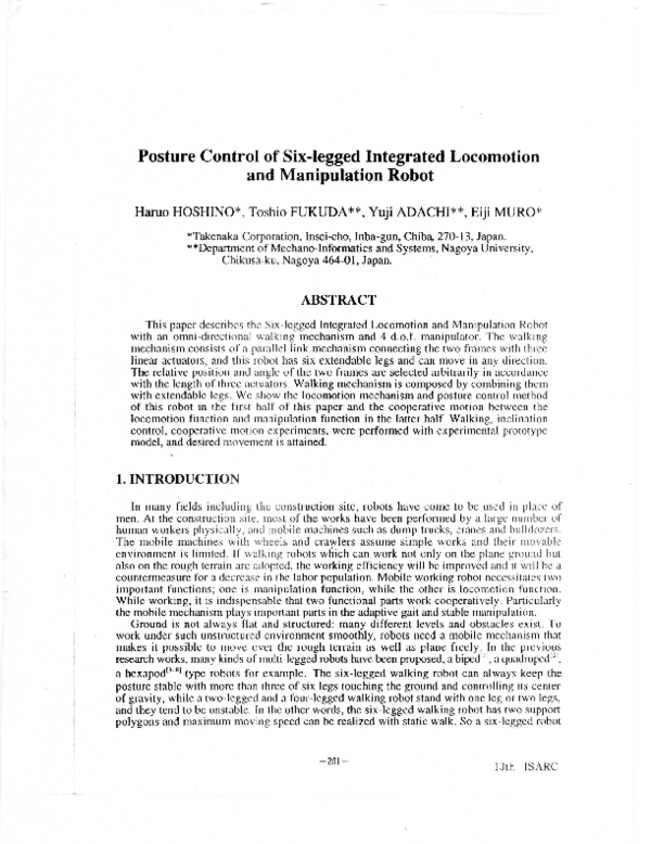 (PDF) Posture Control of Six-Legged Integrated Locomotion and Manipulation Robot