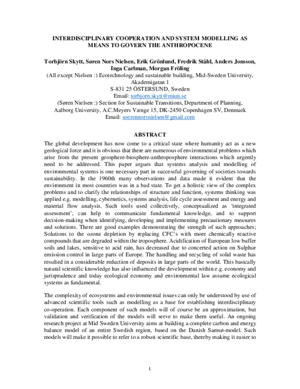 (PDF) Interdisciplinary Cooperation and System Modelling as Means to Govern the Anthropocene ...