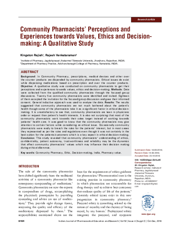 (PDF) Community Pharmacists’ Perceptions and Experiences towards Values, Ethics and ...
