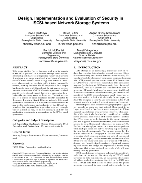 (PDF) Design, implementation and evaluation of security in iSCSI-based network storage systems