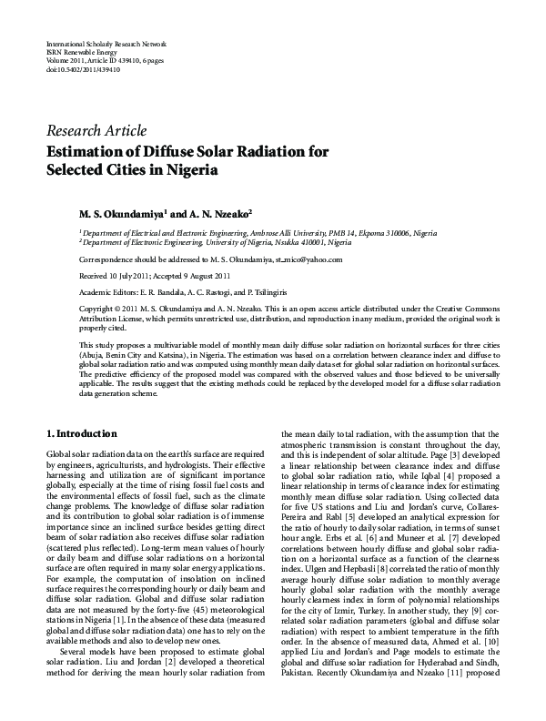 (PDF) Estimation of Diffuse Solar Radiation for Selected Cities in Nigeria